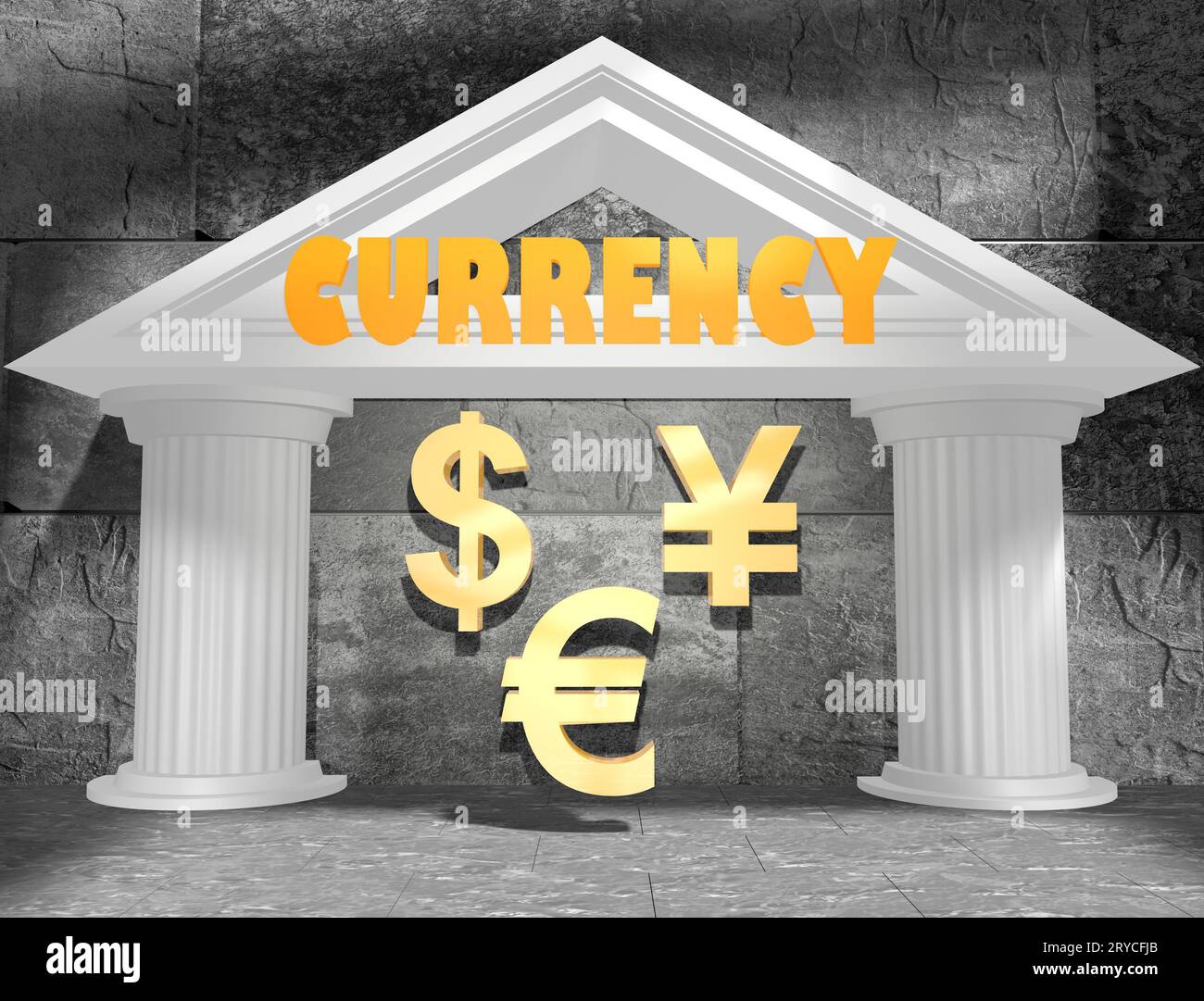 Abstract white bank building. Currency text and money signs Stock Photo ...
