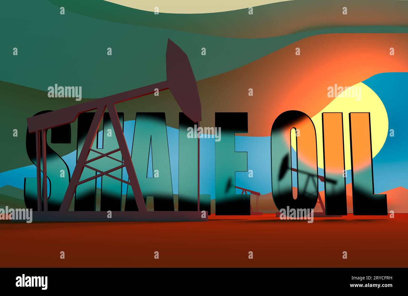 Oil pumps in sunset illustration Stock Photo - Alamy