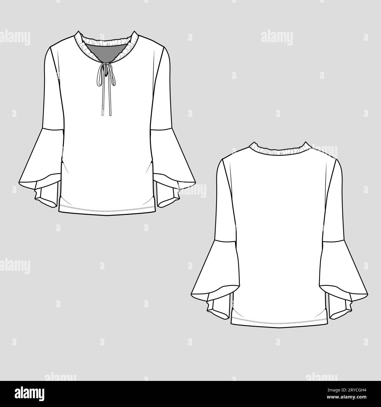 women ruffles knot tie up neck bell sleeve ruffles flat sketch drawing ...