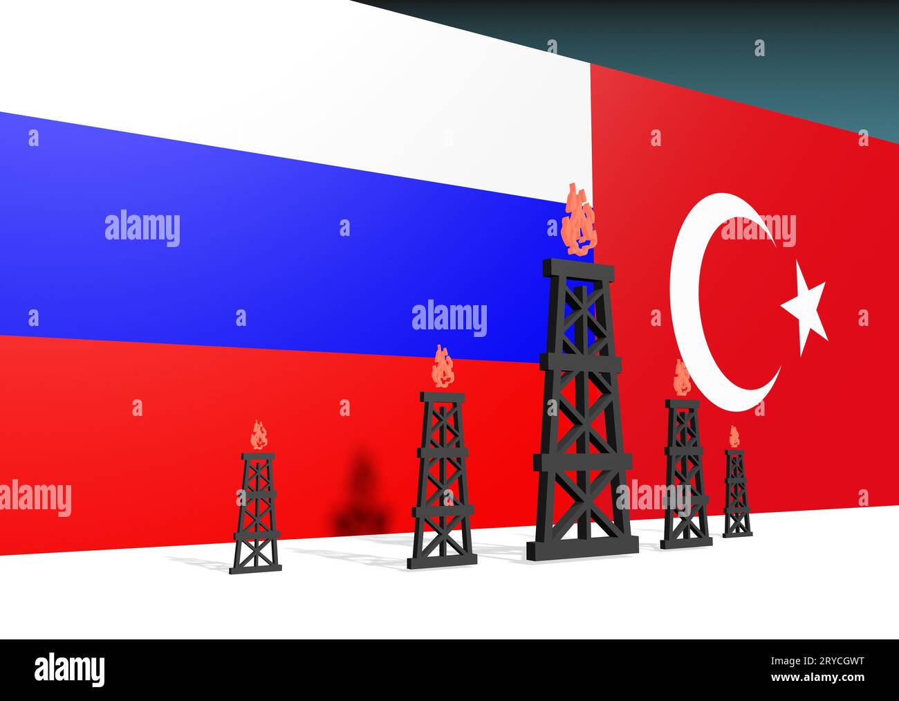 Russian and turkey flags, gas rig icons near them Stock Photo - Alamy
