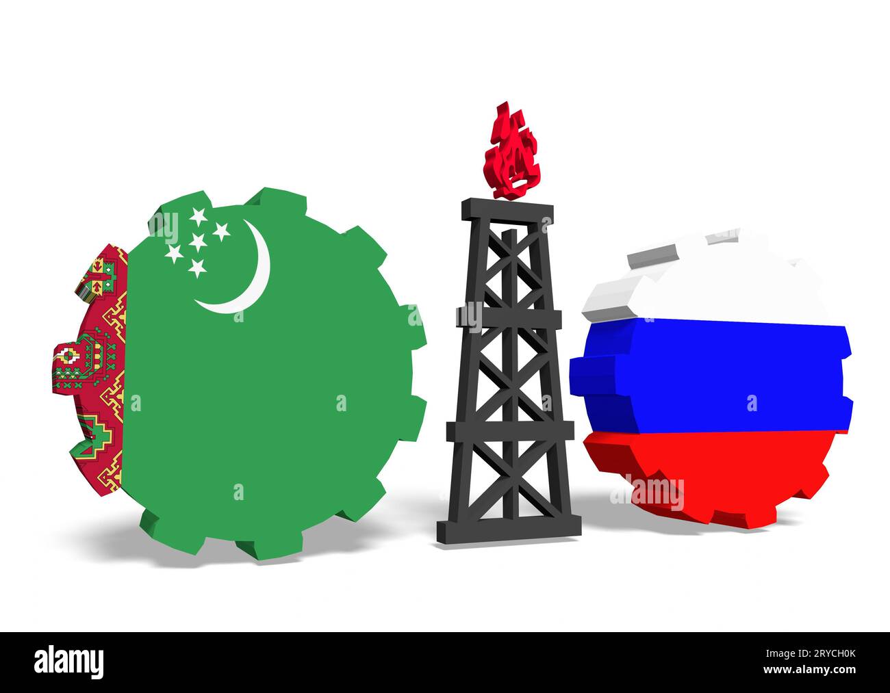 Turkmenistan and russian flags on gears, gas rig between them Stock ...