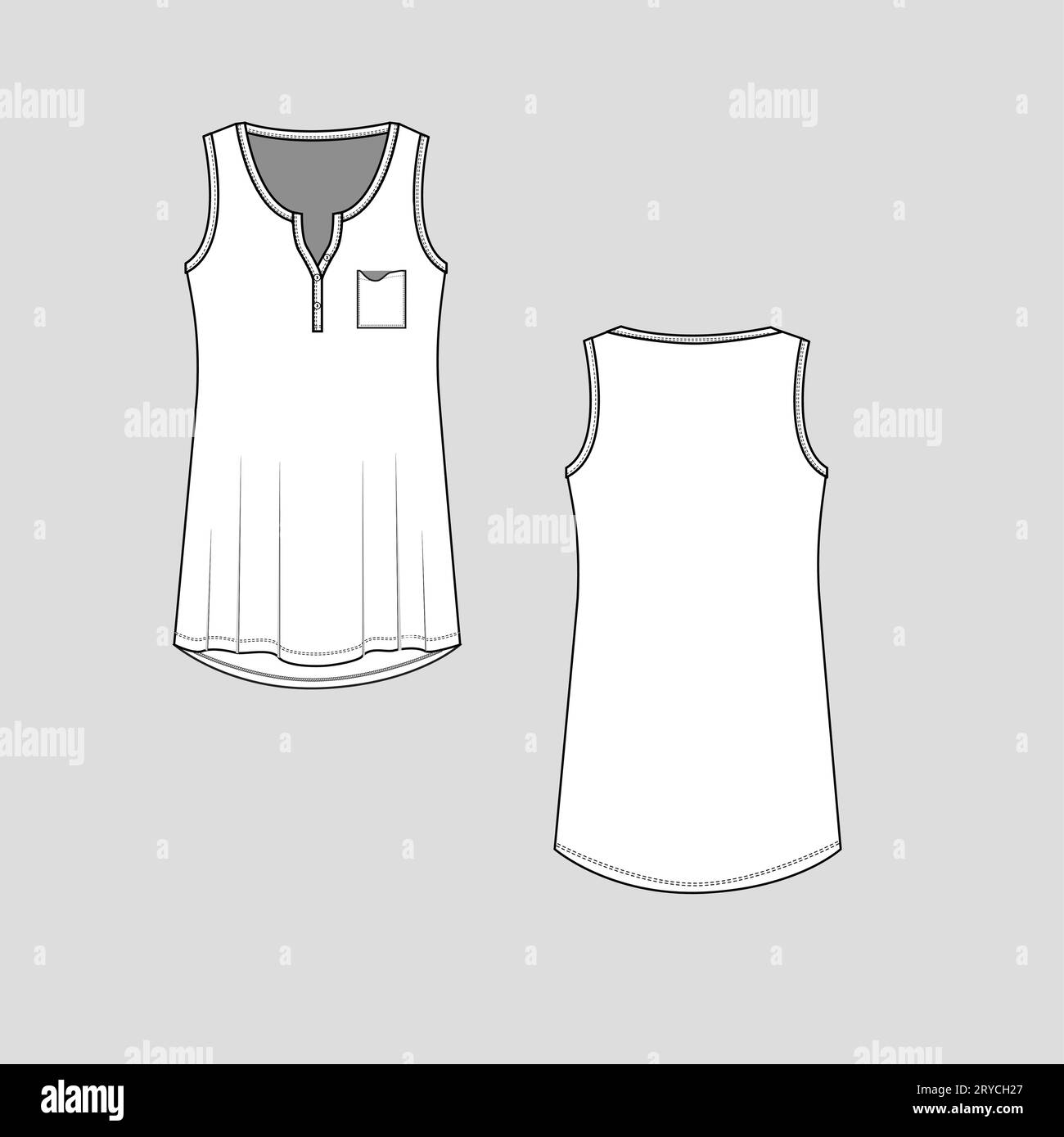 Women Tank top henley neck buttons with pocket fashion flat sketch ...