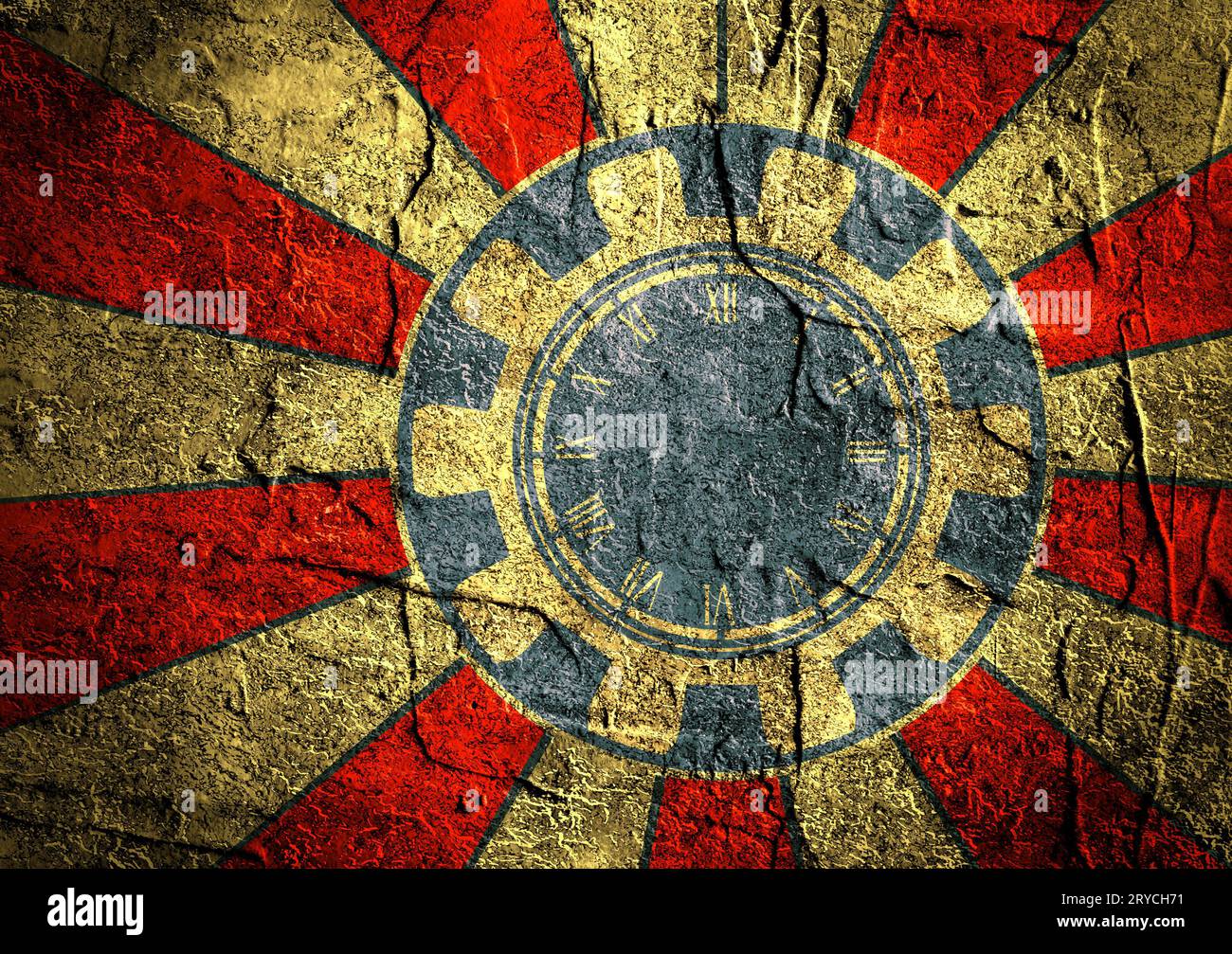 Grunge concrete sun rays backdrop withgear and clock Stock Photo - Alamy