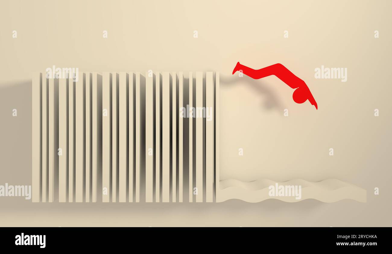 Man silhouette diving from bar code springboard Stock Photo - Alamy