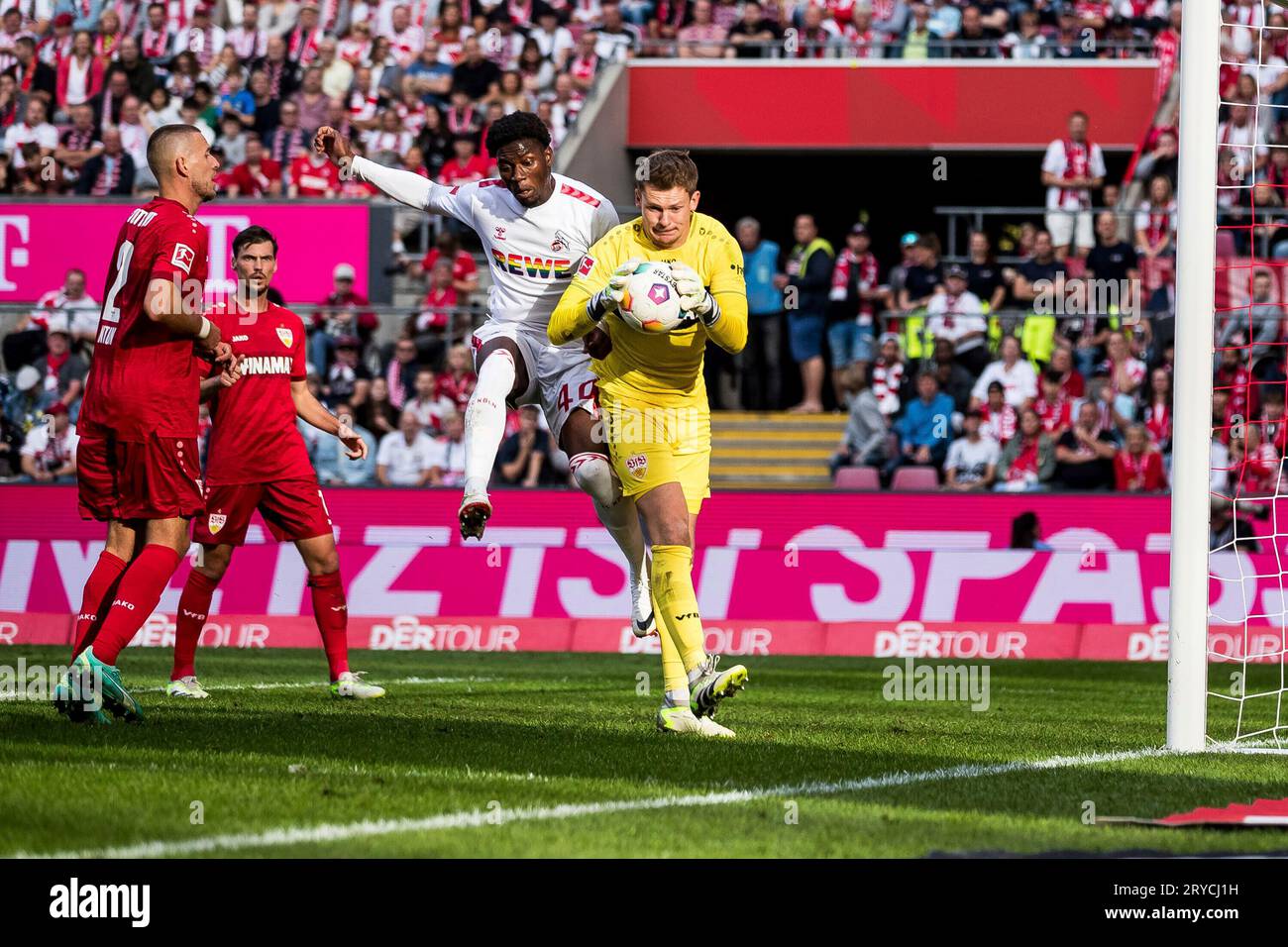 Koeln, Deutschland. 30th Sep, 2023. Zweikampf Faride Alidou (1. FC Koeln, #40), Alexander Nuebel ...