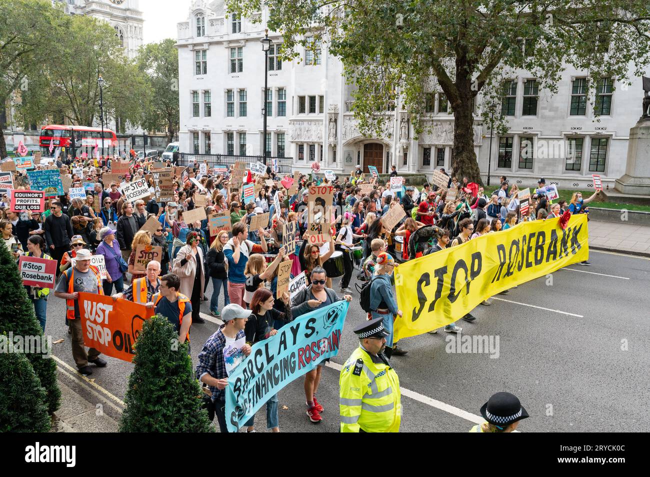 London, UK. 30 September 2023. Climate activists, including Fossil Free ...