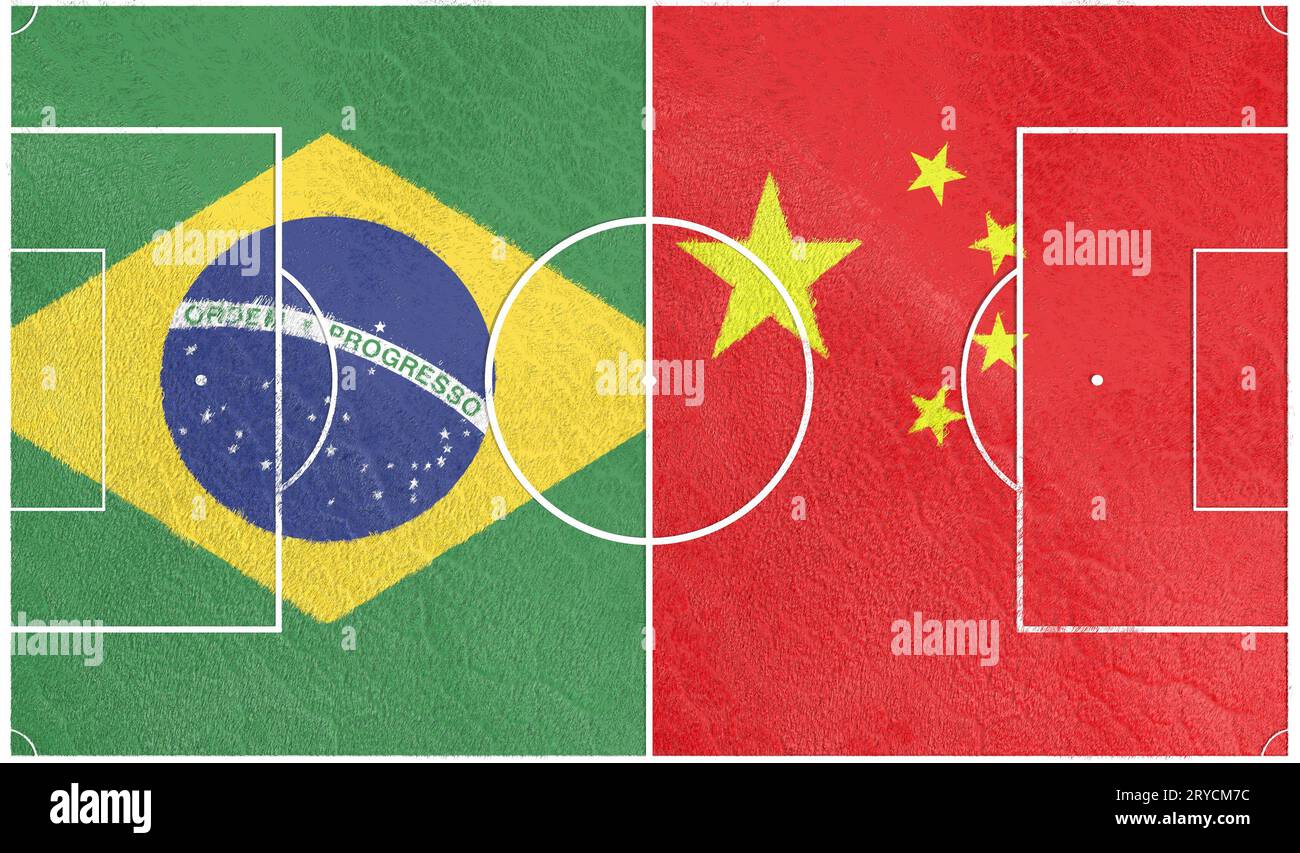 Brazil vs China. Football field textured by flags Stock Photo - Alamy