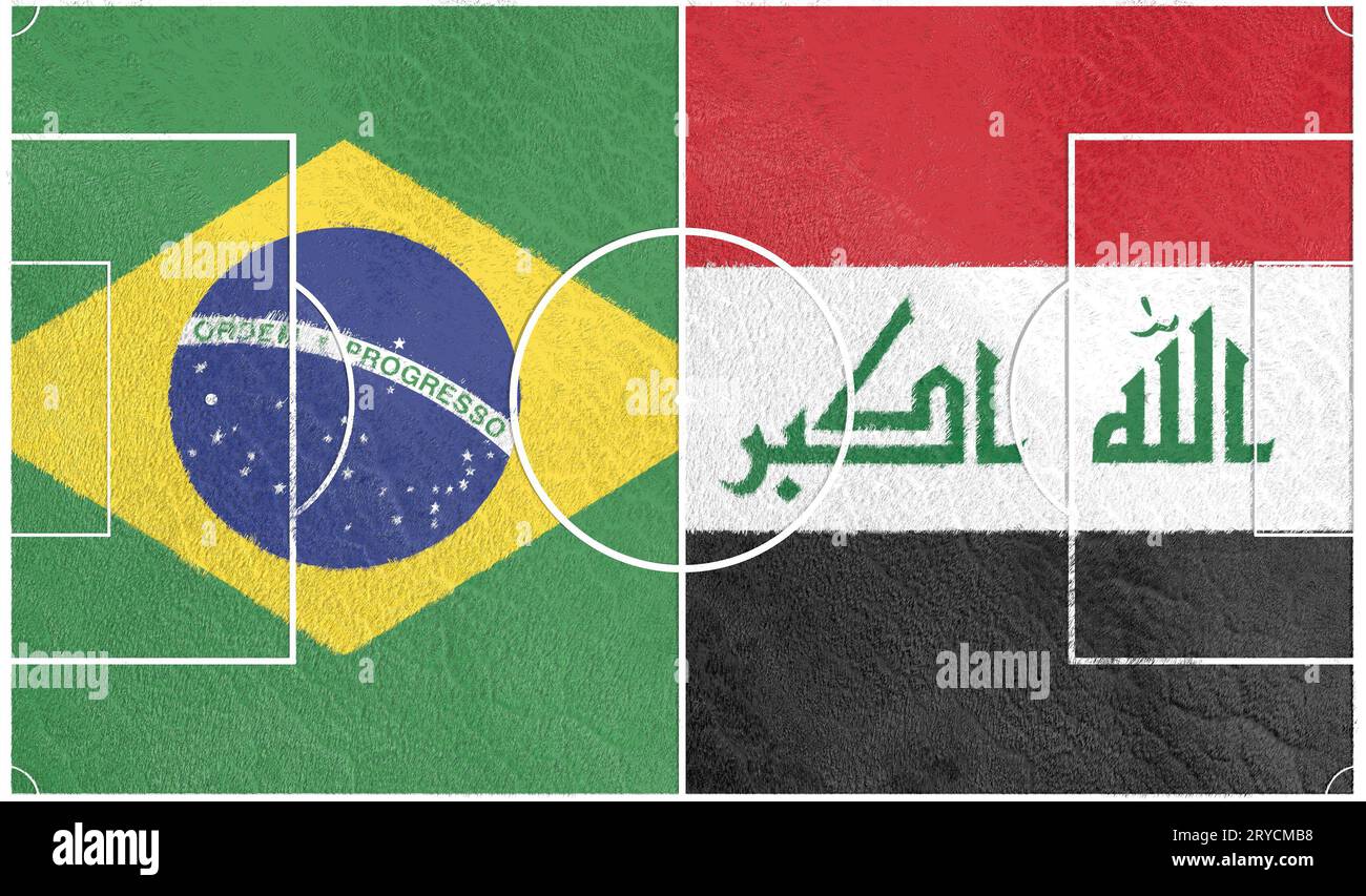 Brazil vs Iraq. Football field textured by flags Stock Photo - Alamy