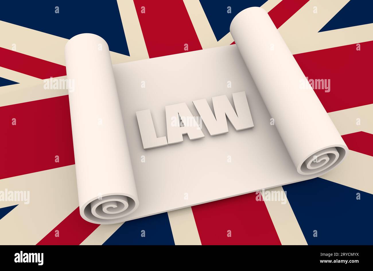 Paper scroll on background textured by United Kingdom flag. Law text ...