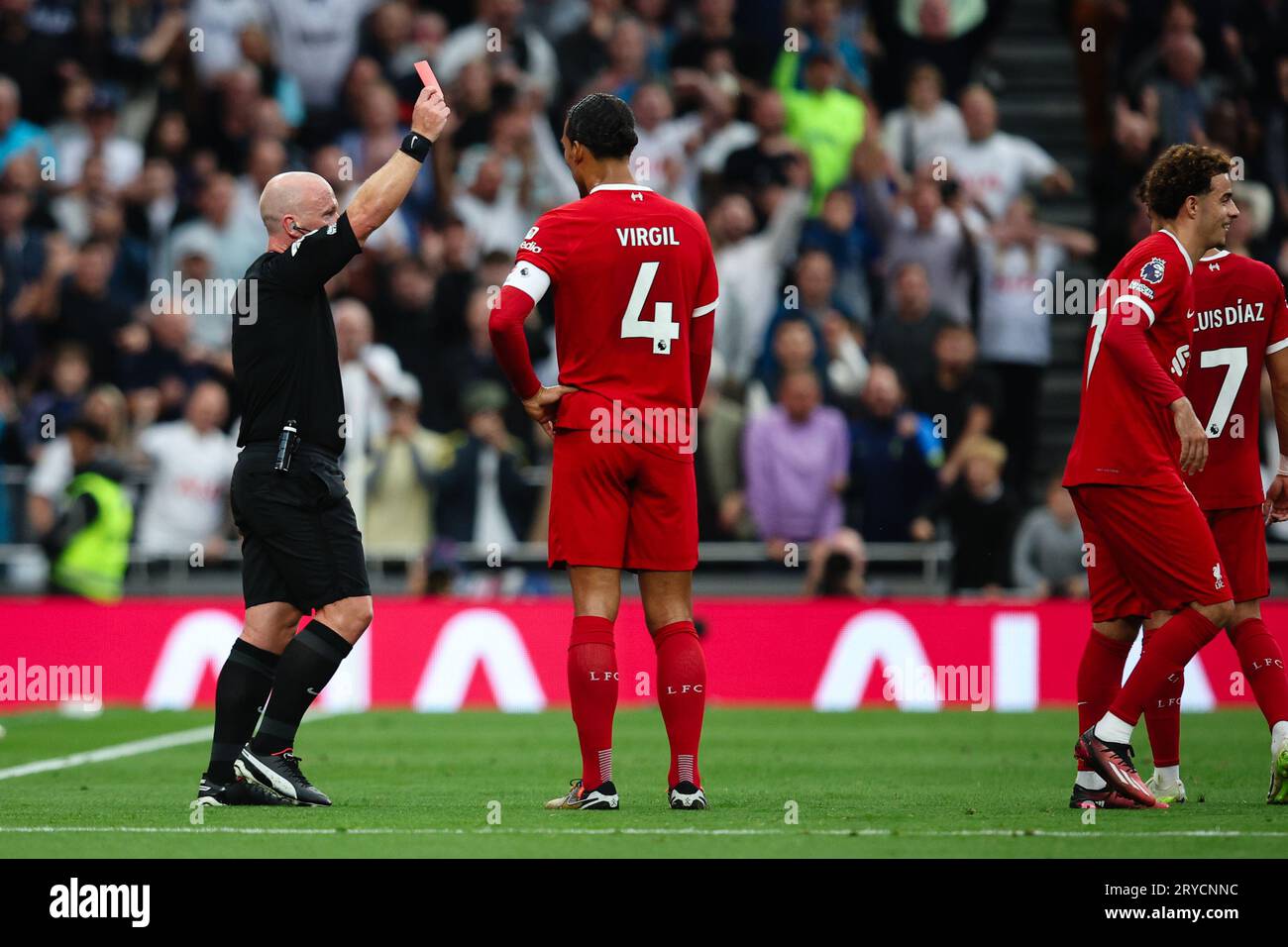 LONDON, UK - 30th Sep 2023: Referee Simon Hooper shows a red card to ...