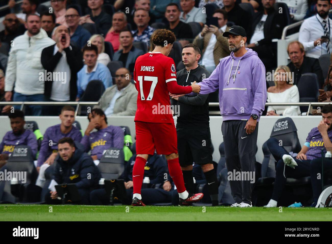 LONDON, UK - 30th Sep 2023: Curtis Jones of Liverpool comes off after ...