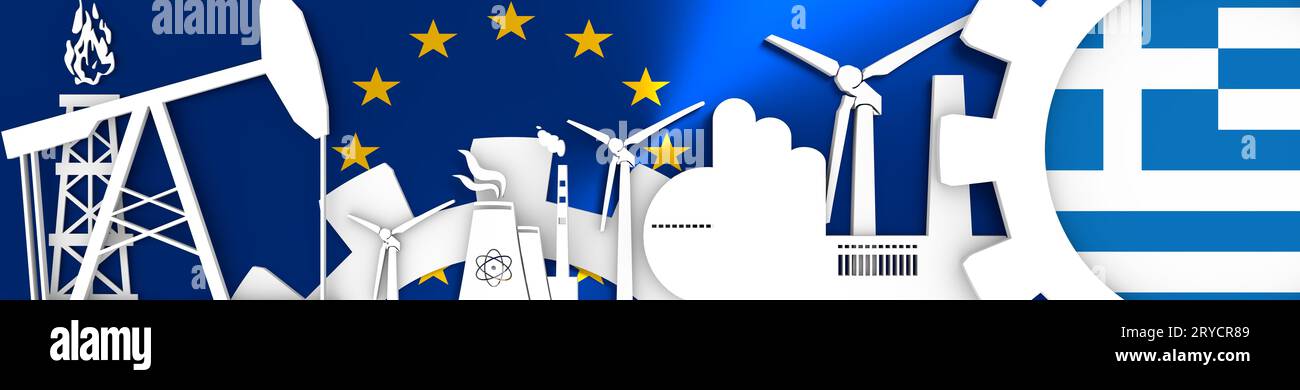 Energy and Power icons set. Header banner with Greece flag Stock Photo ...