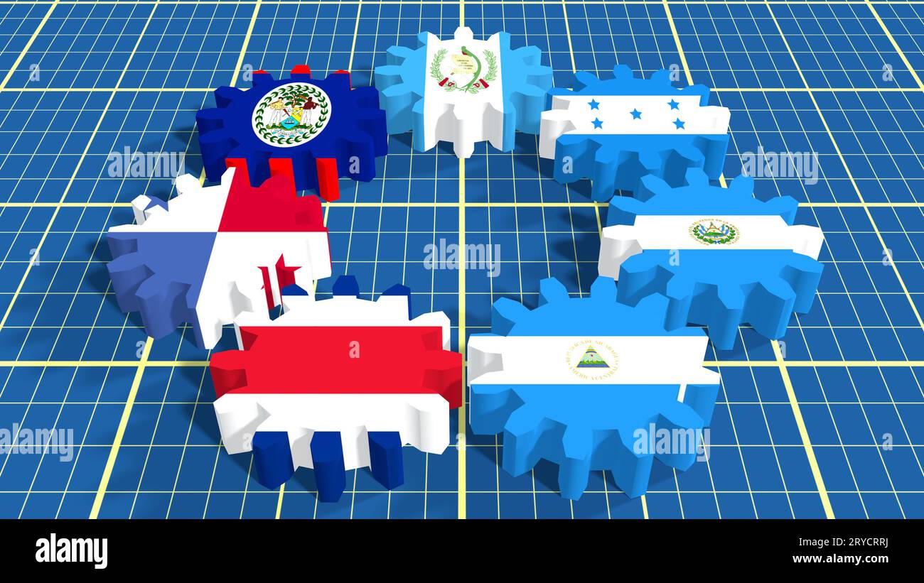 Central American Common Market members national flags on gears Stock ...