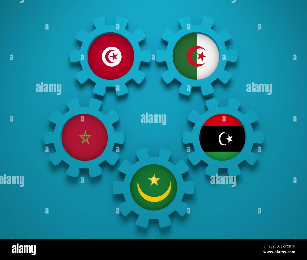 Arab Maghreb Union members national flags on glass gears Stock Photo ...