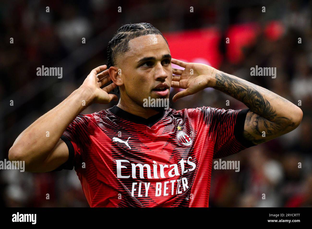 Milan, Italy. 30 September 2023. Noah Okafor of AC Milan celebrates ...