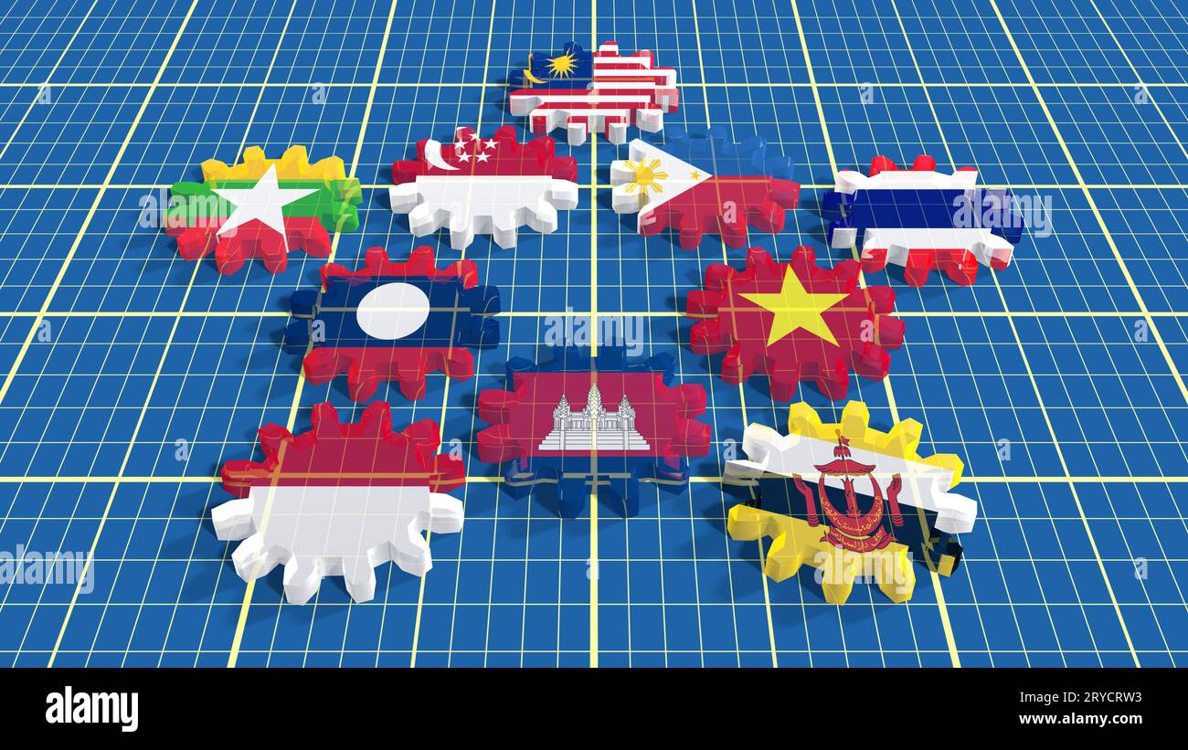 ASEAN union members national flags on cog wheels Stock Photo - Alamy