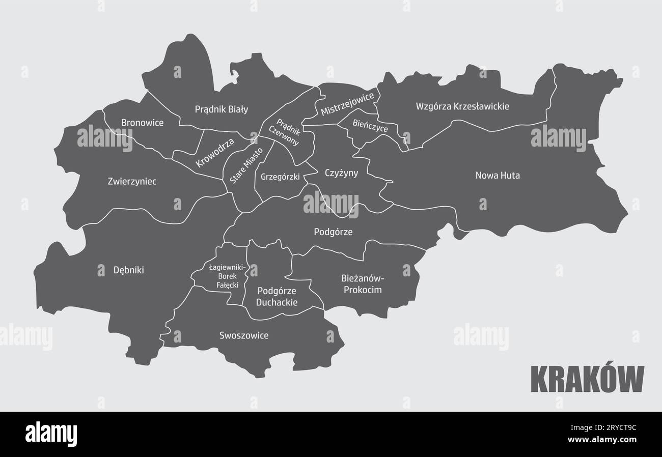 Krakow city administrative map isolated on gray background, Poland ...