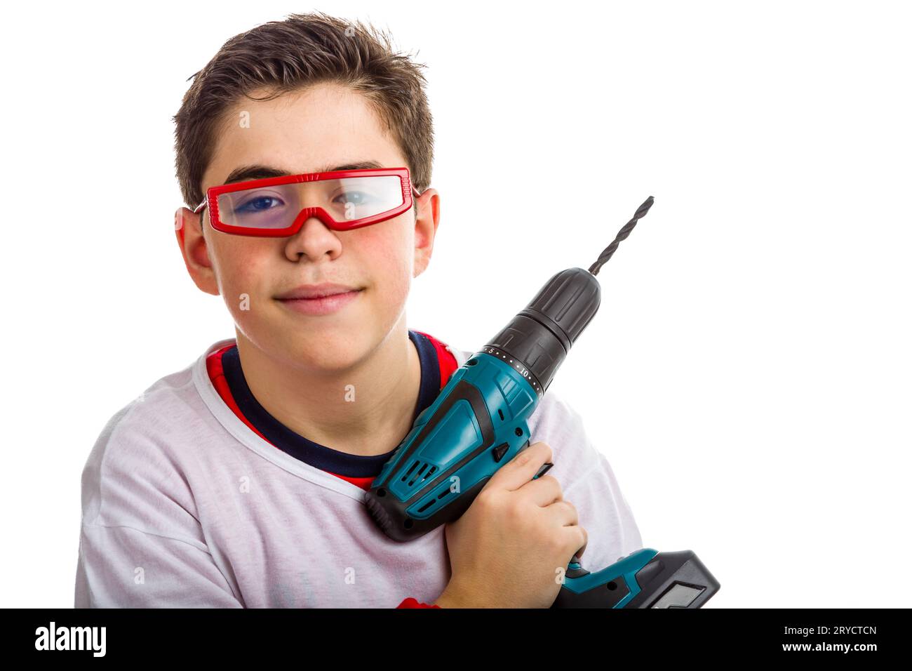 Child wearing red goggles and holding a cordless drill Stock Photo - Alamy