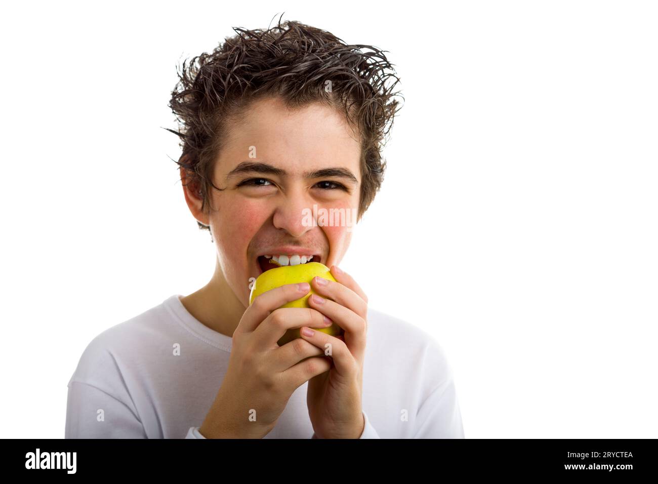 Boy biting apple hi-res stock photography and images - Alamy
