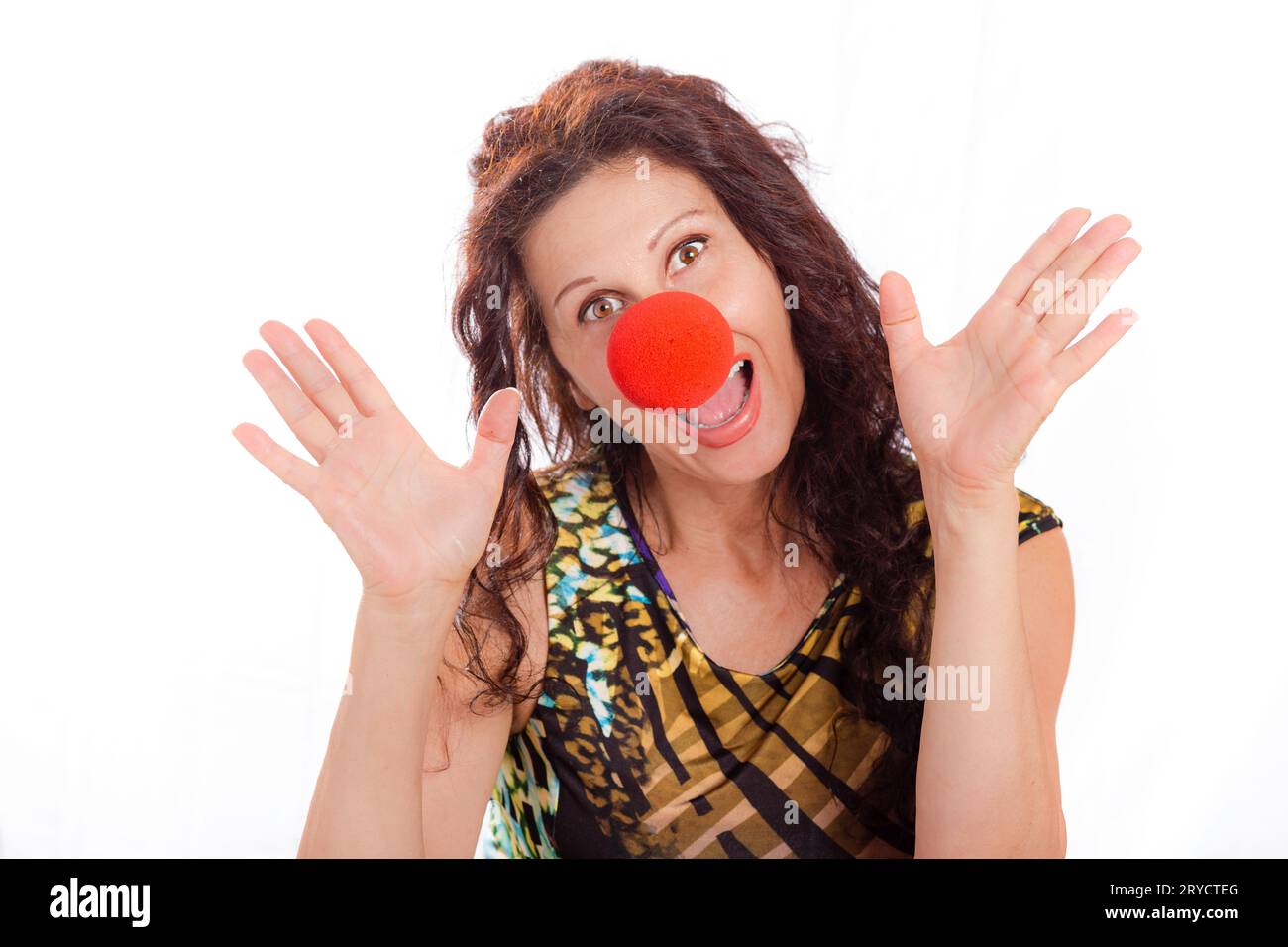 Classy mature woman with red clown nose Stock Photo - Alamy