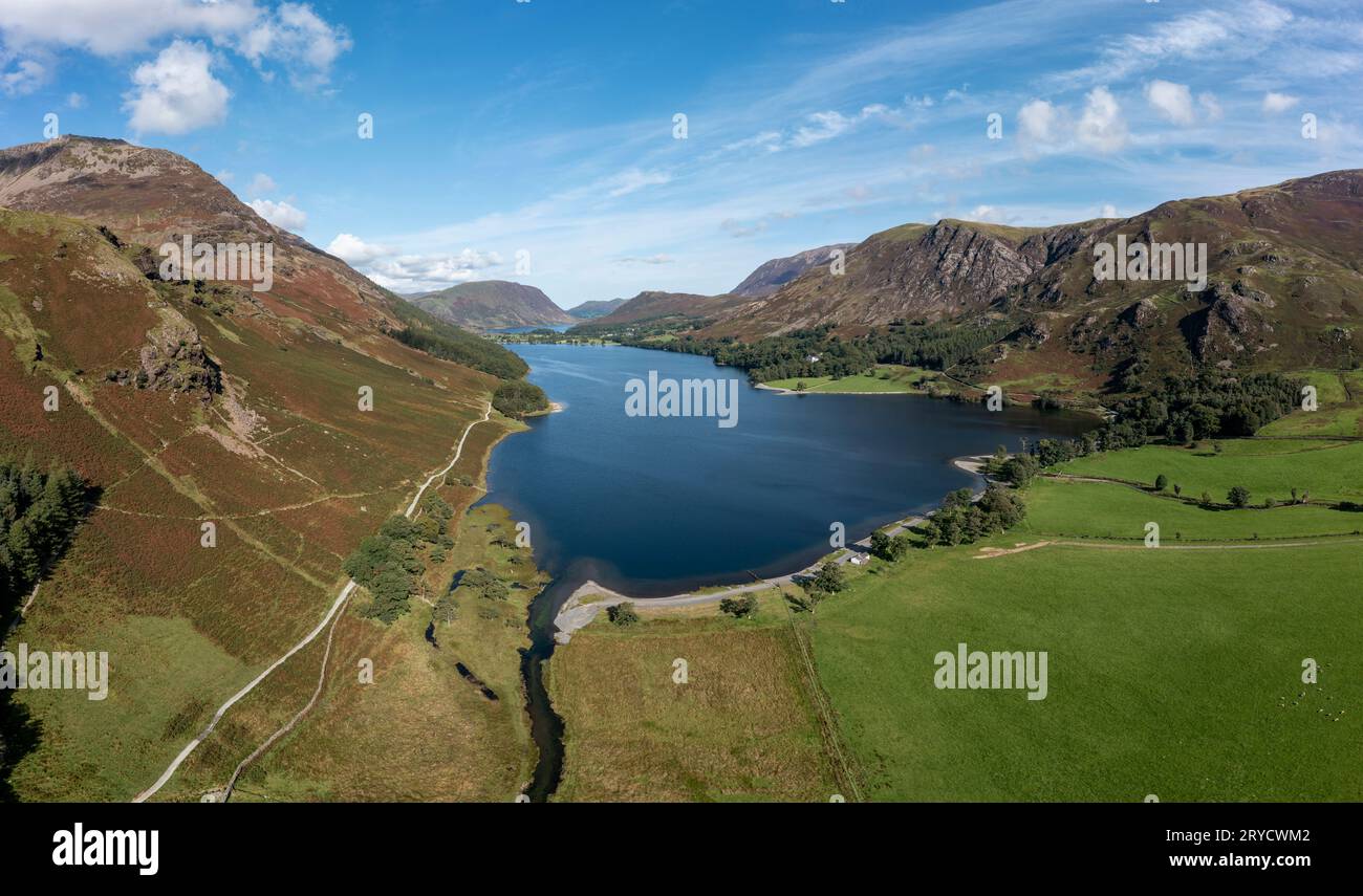 high view of buttermere lake with crummock water and mellbreak beyond ...