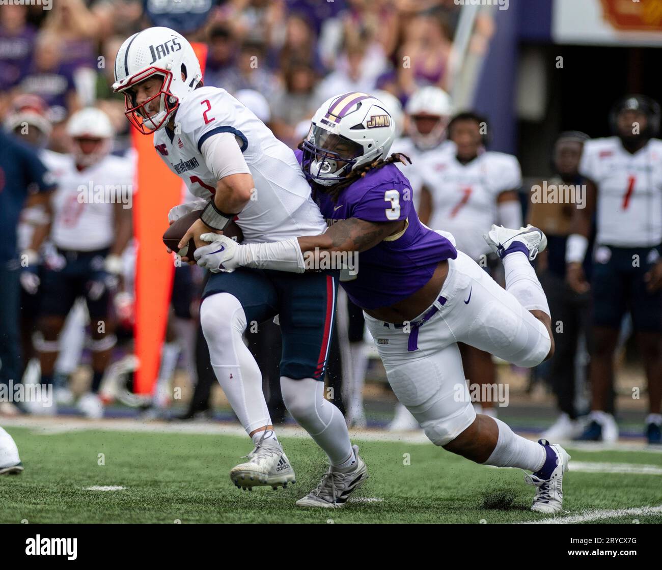 James Madison defensive lineman Mikail Kamara (3) sacks South Alabama ...