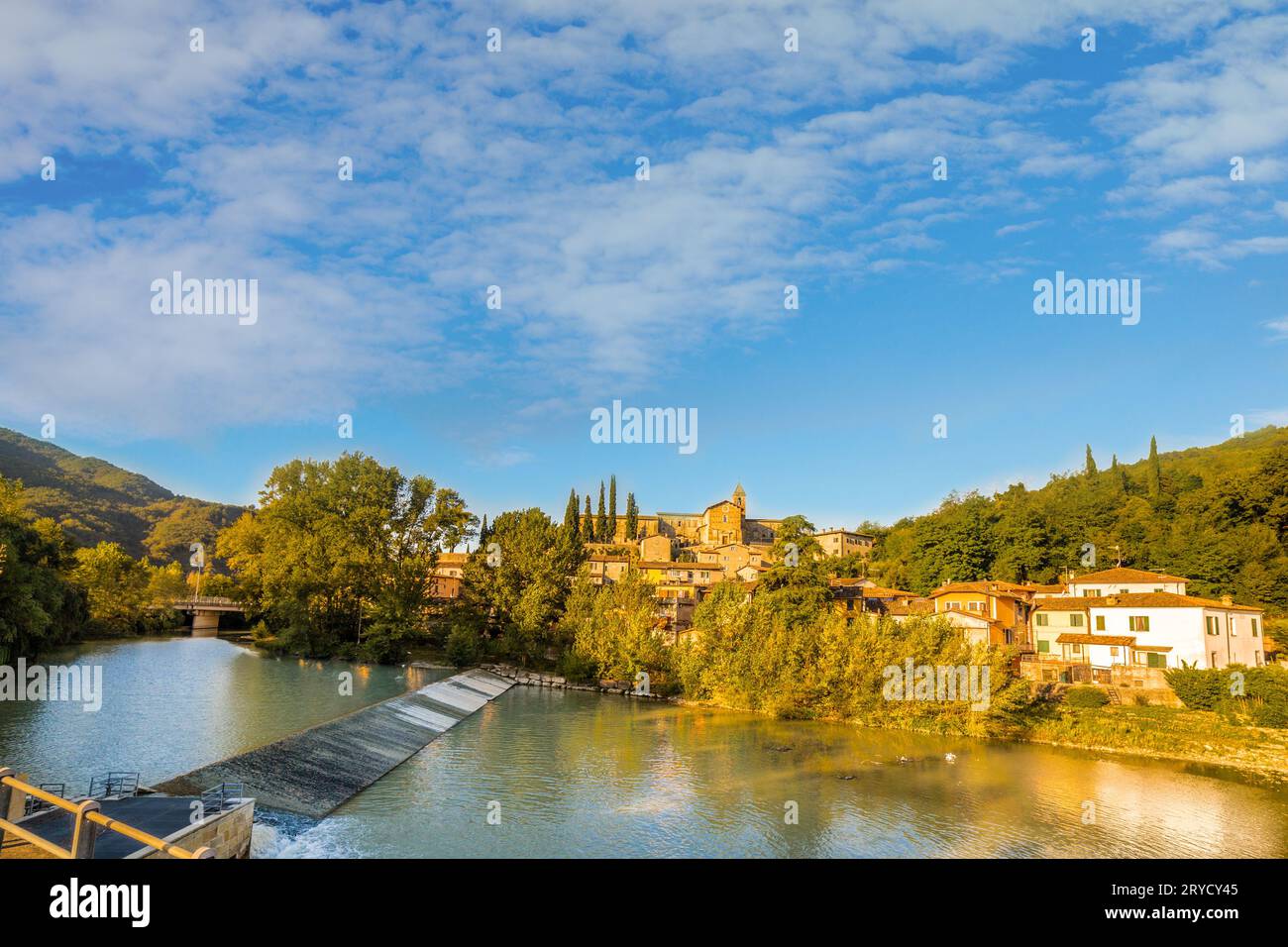 Medieval village on river Stock Photo - Alamy