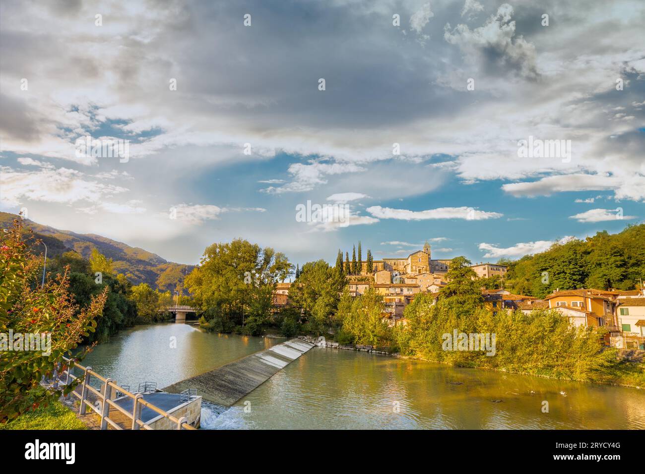 Medieval village on river Stock Photo - Alamy