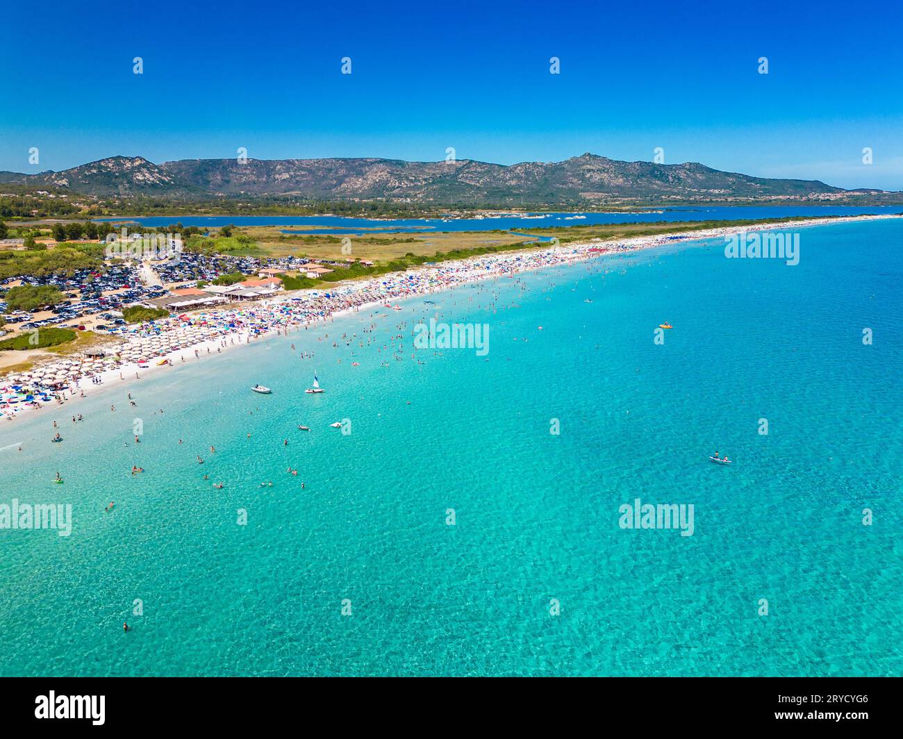 Aerial view of La Cinta beach in Sardinia with turquoise sea, Italy ...