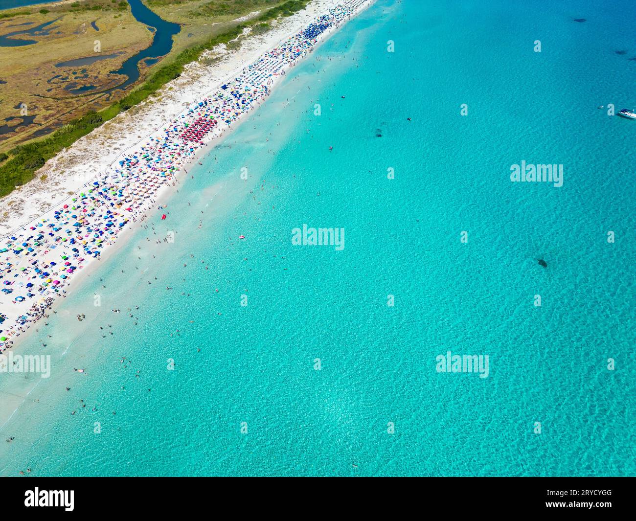 Aerial view of La Cinta beach in Sardinia with turquoise sea, Italy ...