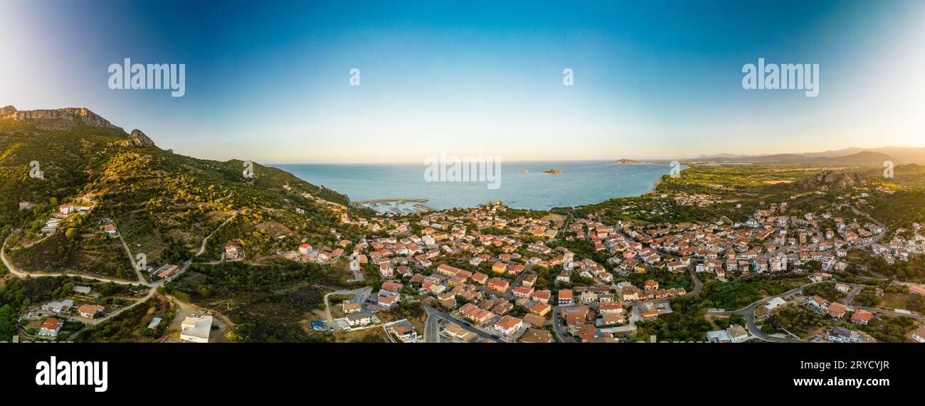 Aerial drone panoramic view of the Santa Maria Navarrese beach ...