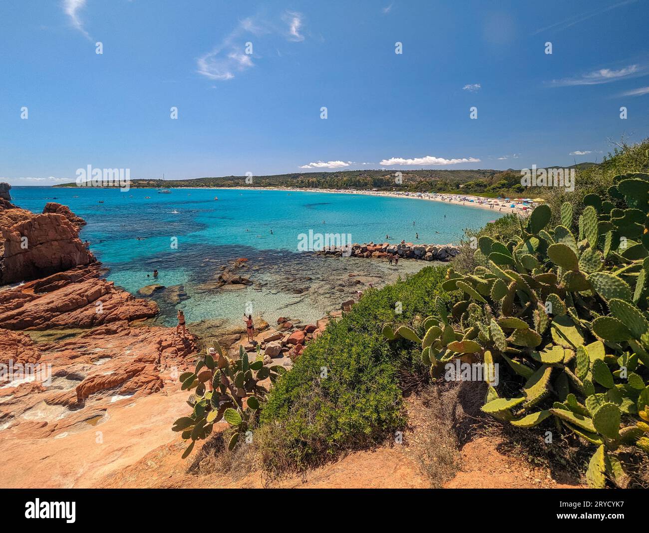 Aerial drone panoramic view of the Cea beach with the Red Rocks ...