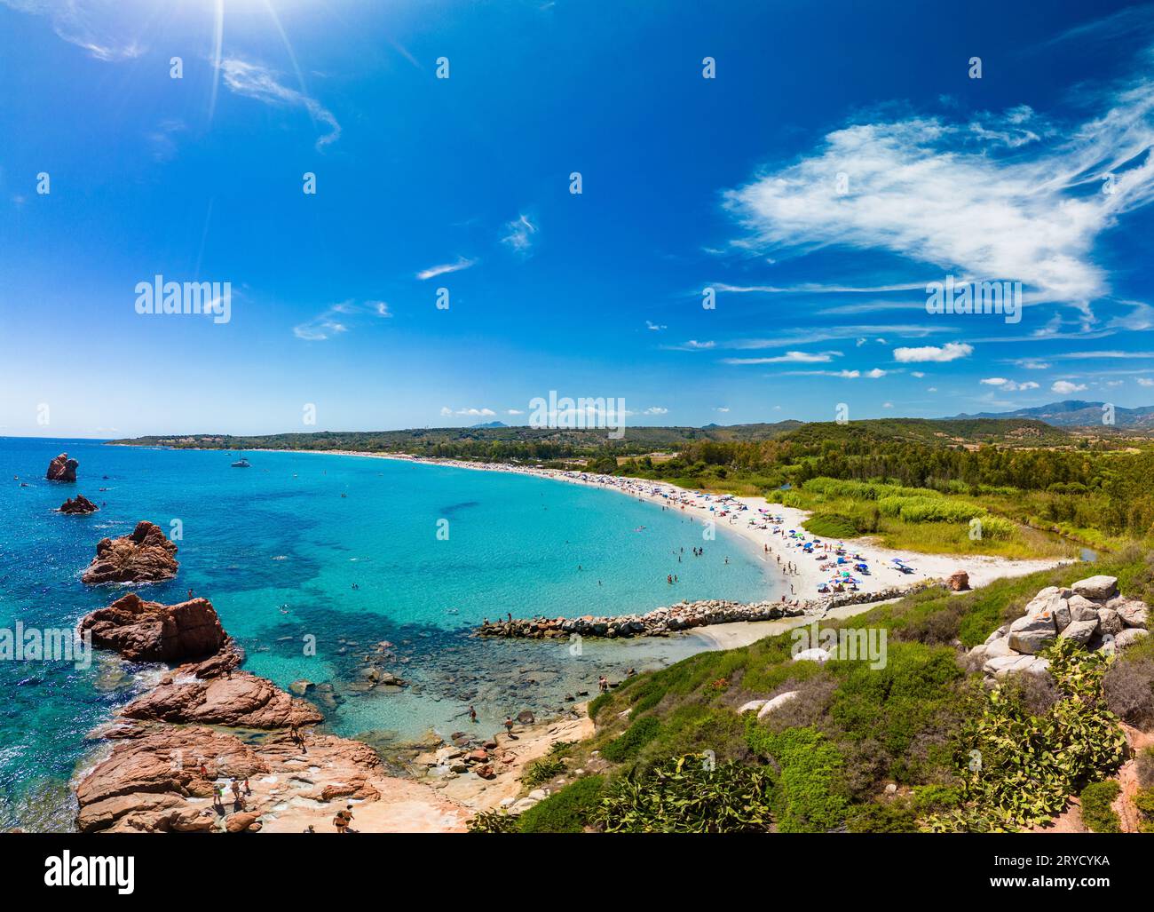 Aerial drone panoramic view of the Cea beach with the Red Rocks ...