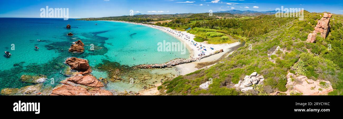 Aerial drone panoramic view of the Cea beach with the Red Rocks ...