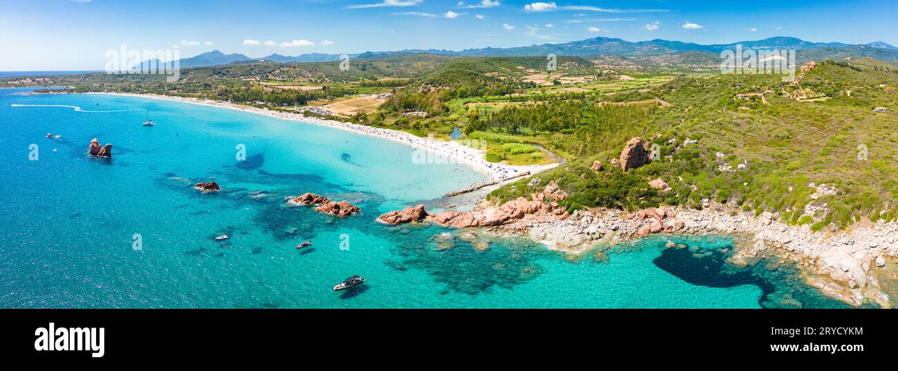 Aerial drone panoramic view of the Cea beach with the Red Rocks ...