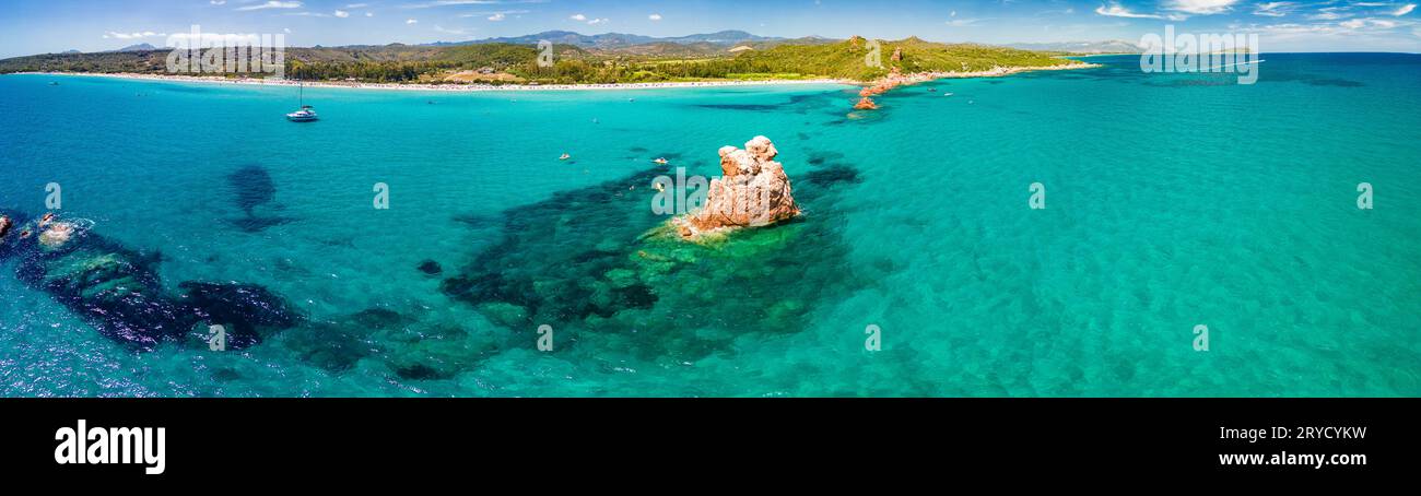 Aerial drone panoramic view of the Cea beach with the Red Rocks ...