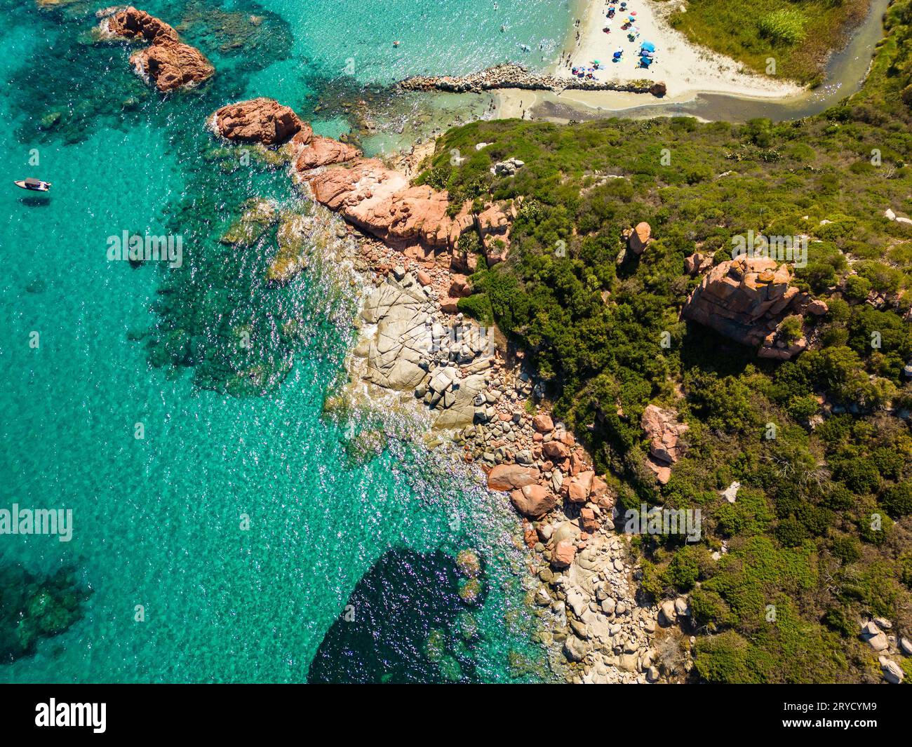Aerial drone panoramic view of the Cea beach with the Red Rocks ...