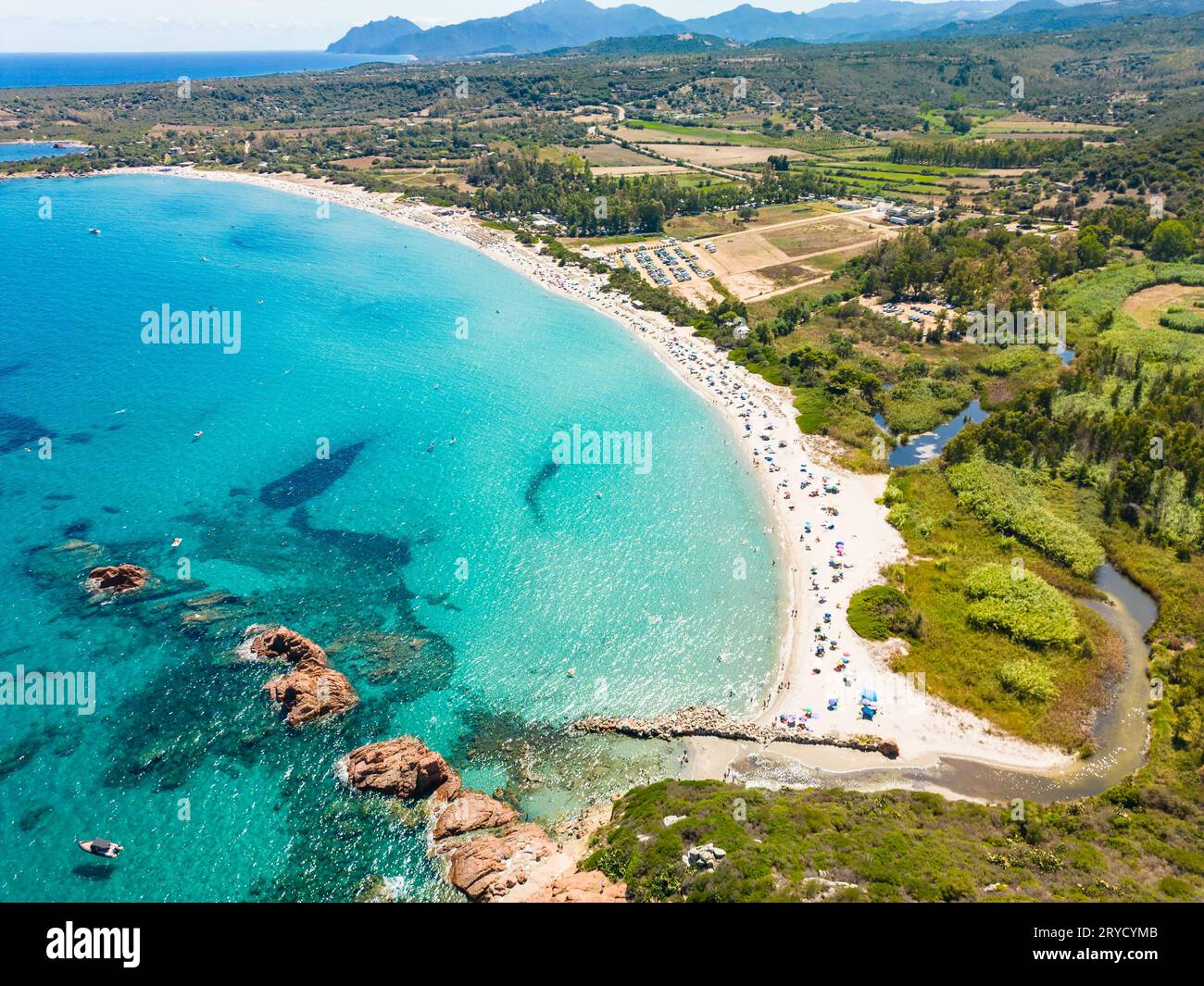 Aerial drone panoramic view of the Cea beach with the Red Rocks ...
