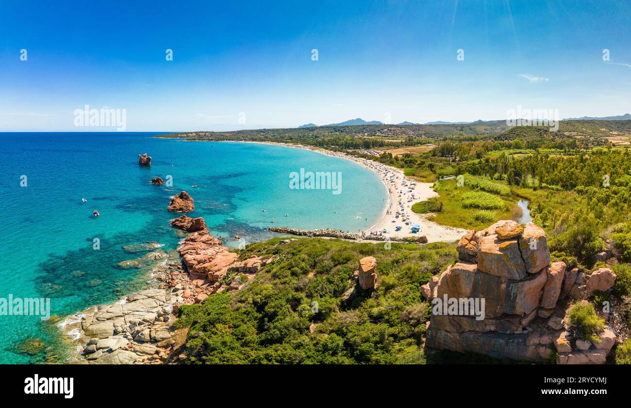 Aerial drone panoramic view of the Cea beach with the Red Rocks ...