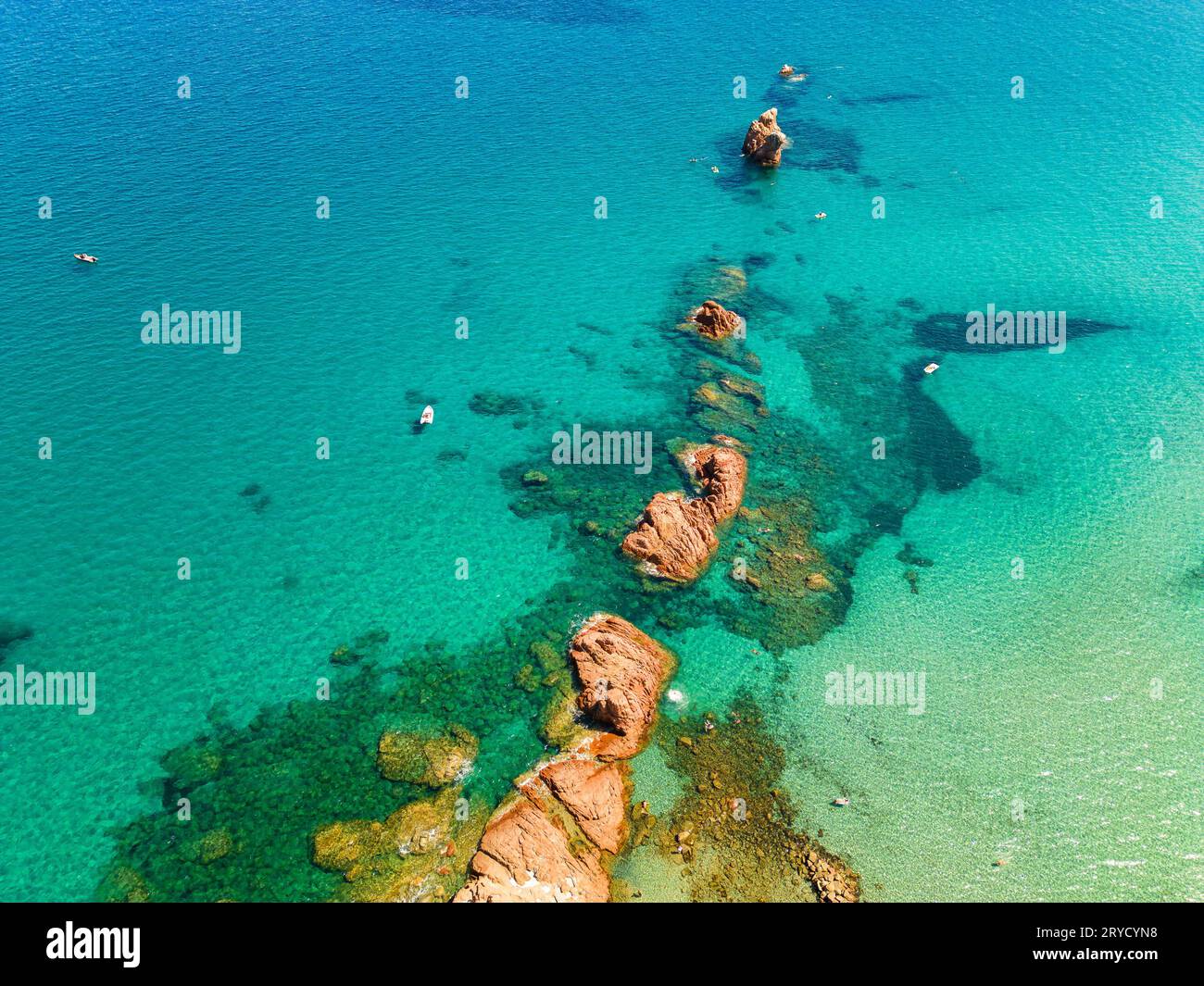 Aerial drone panoramic view of the Cea beach with the Red Rocks ...
