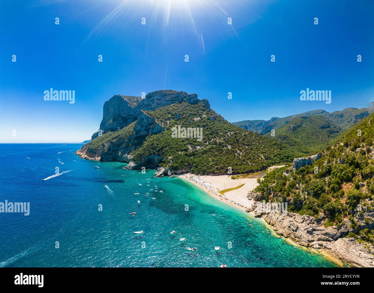 Aerial drone panoramic view of Cala Sisine beach in the Golf of Orosei ...