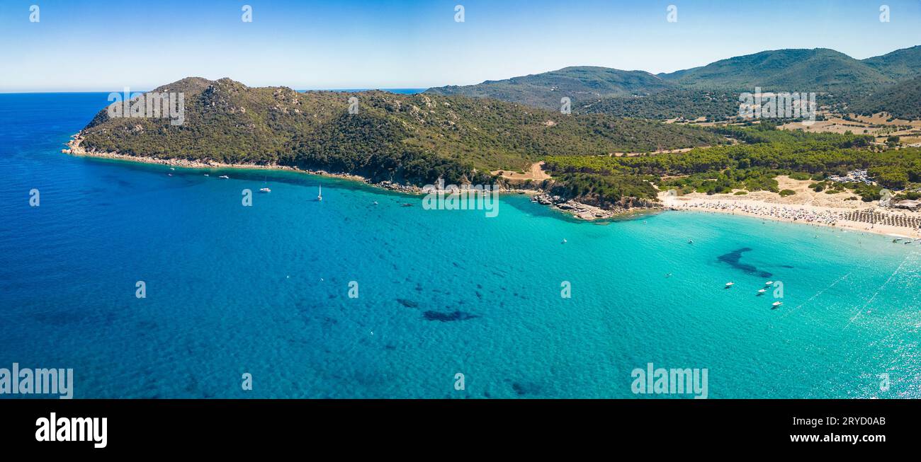 Aerial drone paranomic view of Cala Monte Turno and San Pietro Beaches ...