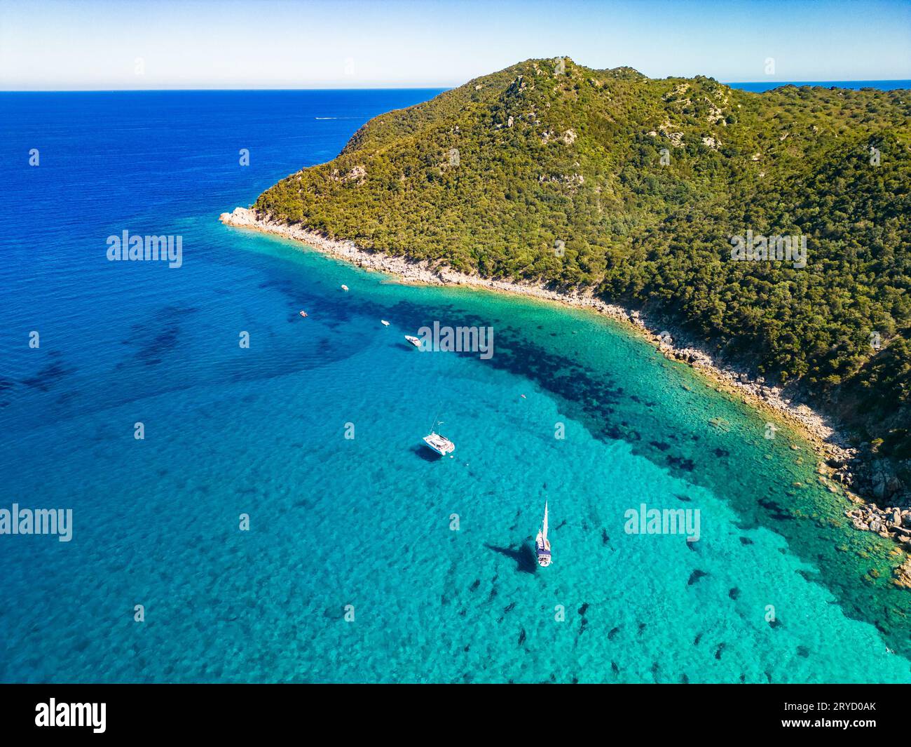 Aerial drone paranomic view of Cala Monte Turno and San Pietro Beaches ...