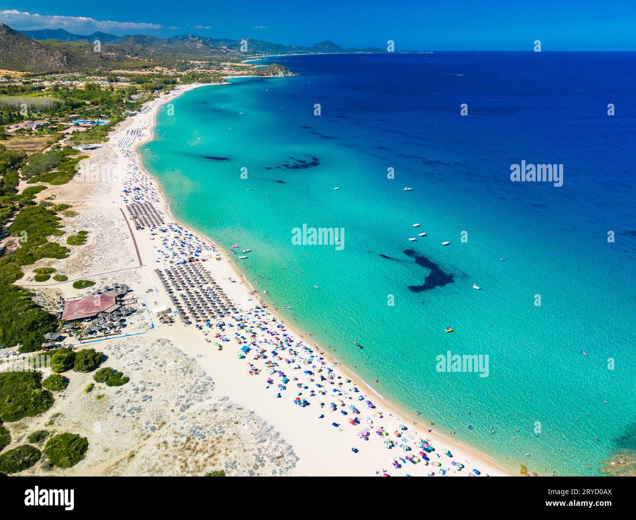 Aerial drone paranomic view of Cala Monte Turno and San Pietro Beaches ...