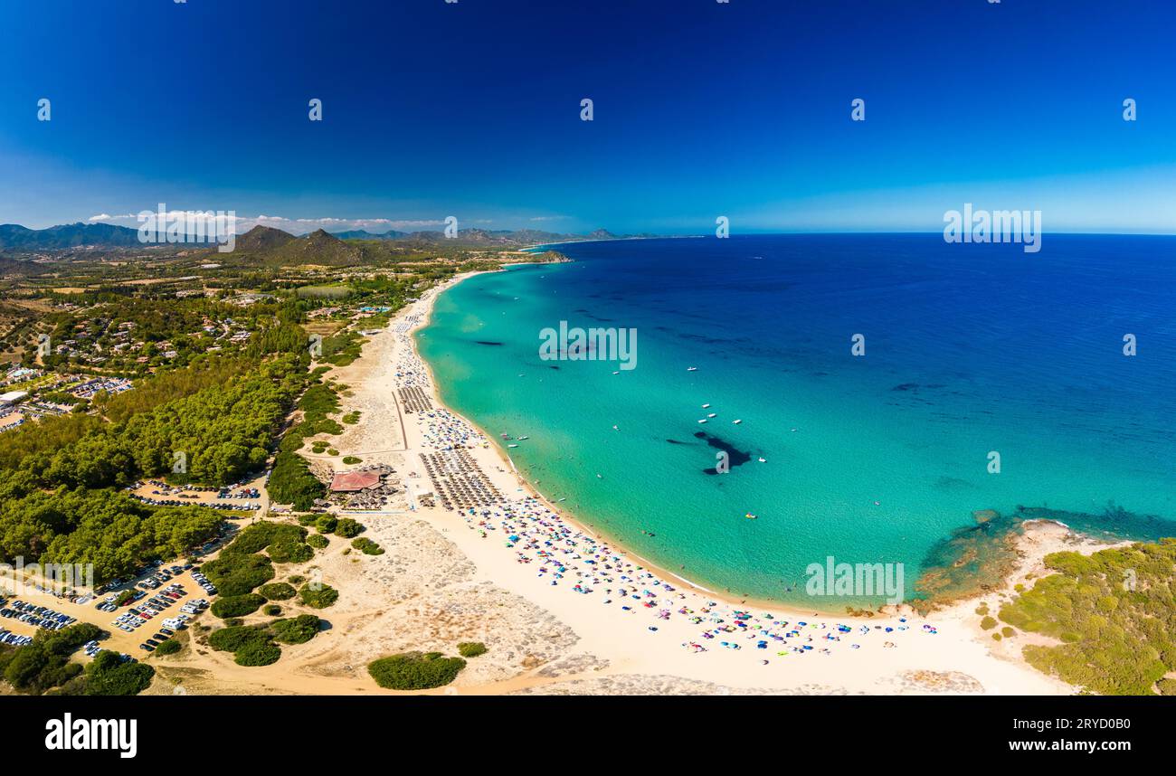 Aerial drone paranomic view of Cala Monte Turno and San Pietro Beaches ...