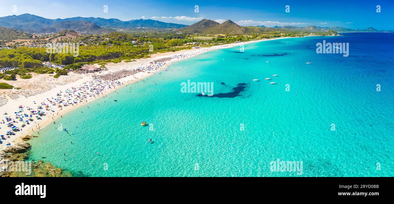 Aerial drone paranomic view of Cala Monte Turno and San Pietro Beaches ...