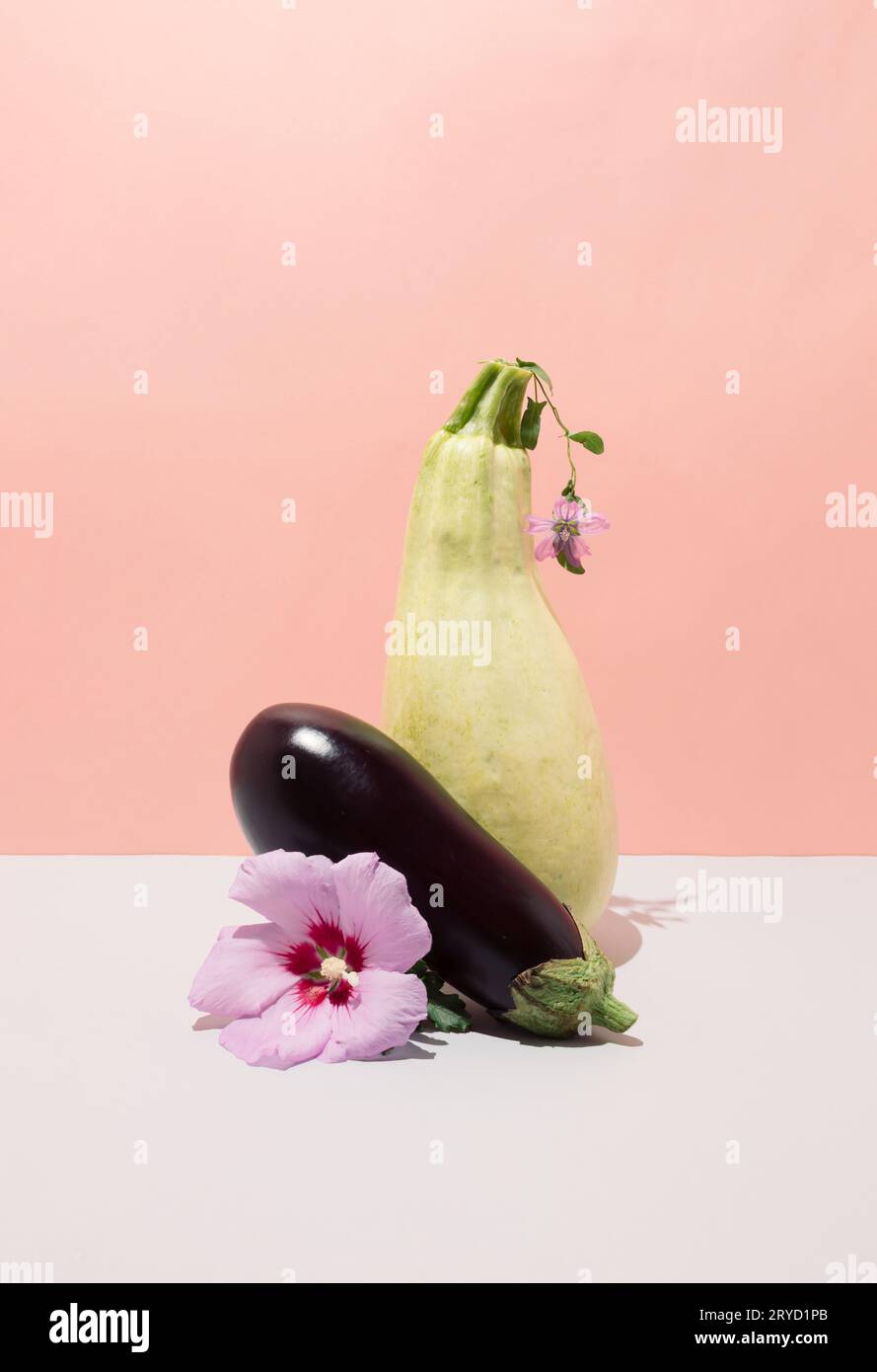 Still life with eggplant, zucchini and flowers. Creative egetable ...