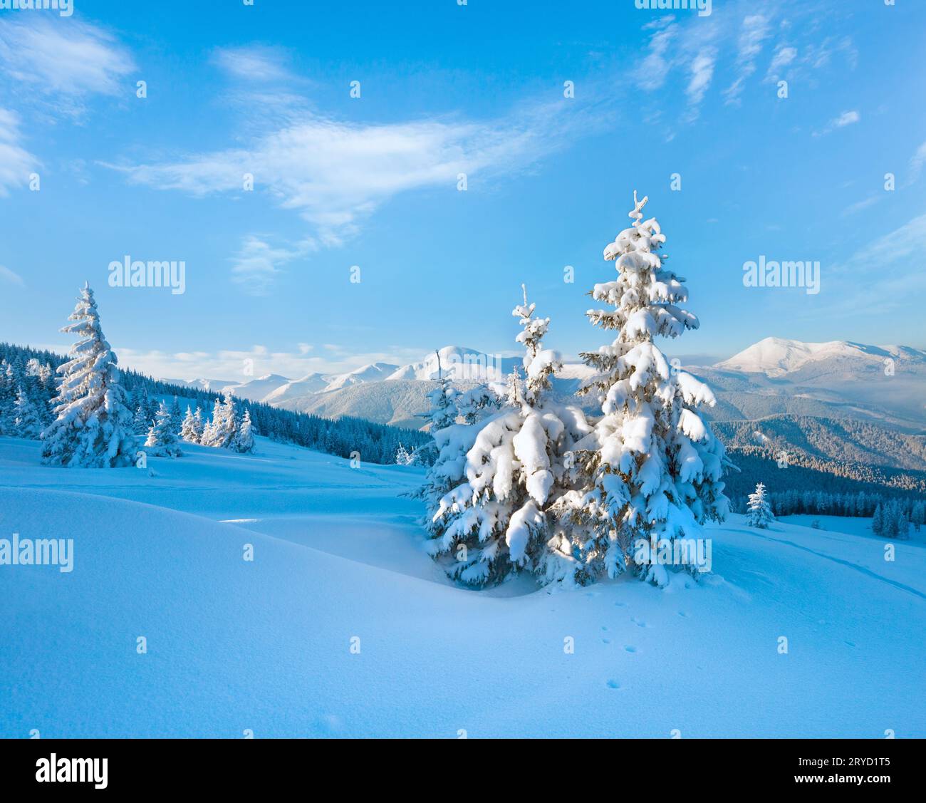 Winter calm mountain landscape with sheds group and mount ridge behind ...