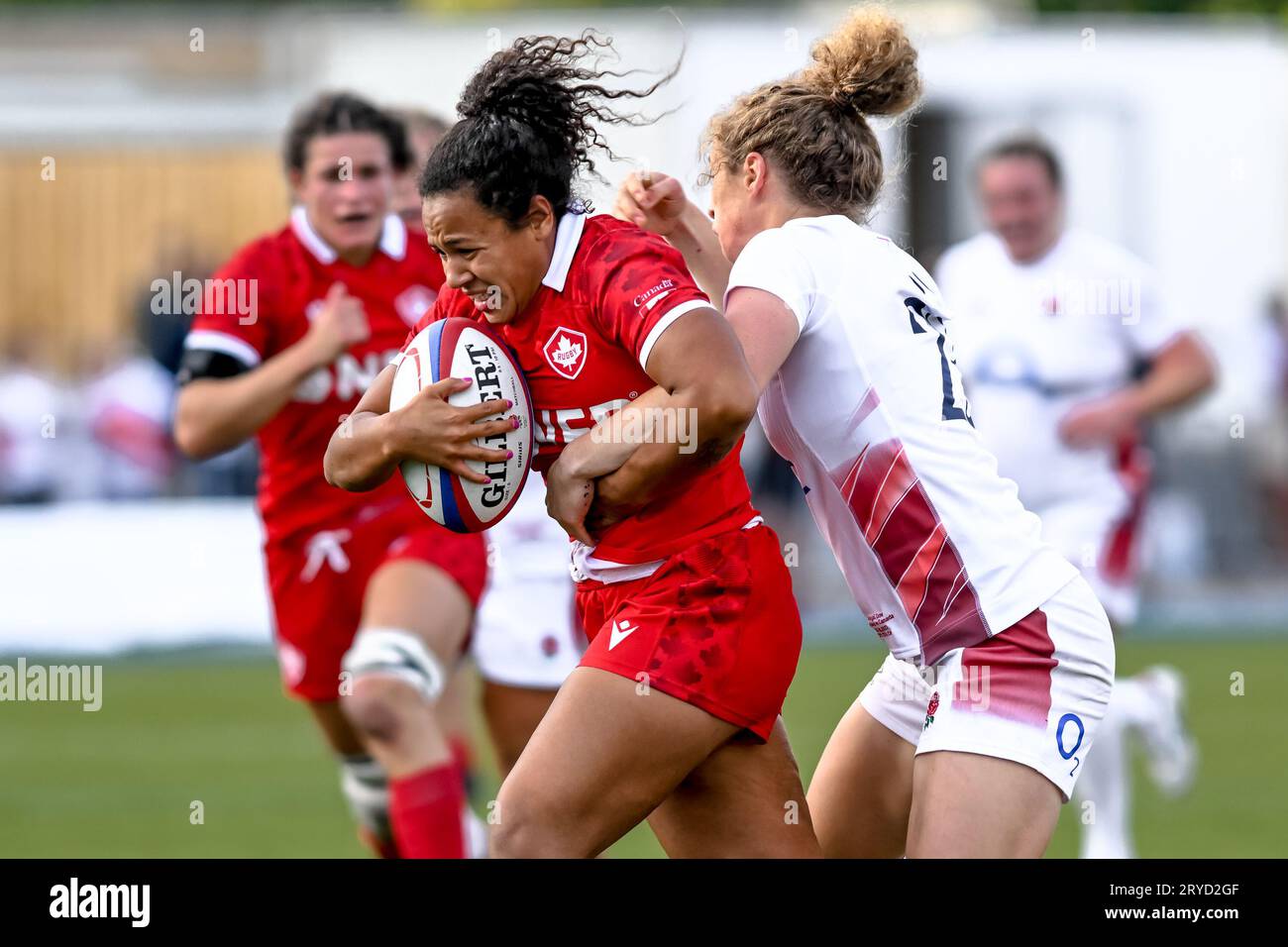 Fancy Bermudez of Canada Women resists the tackle during the second ...