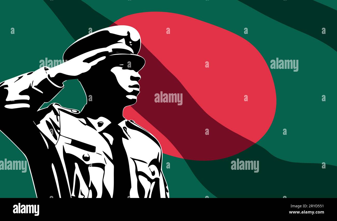 Silhouette of soldier with Bangladesh flag on background. Army day ...